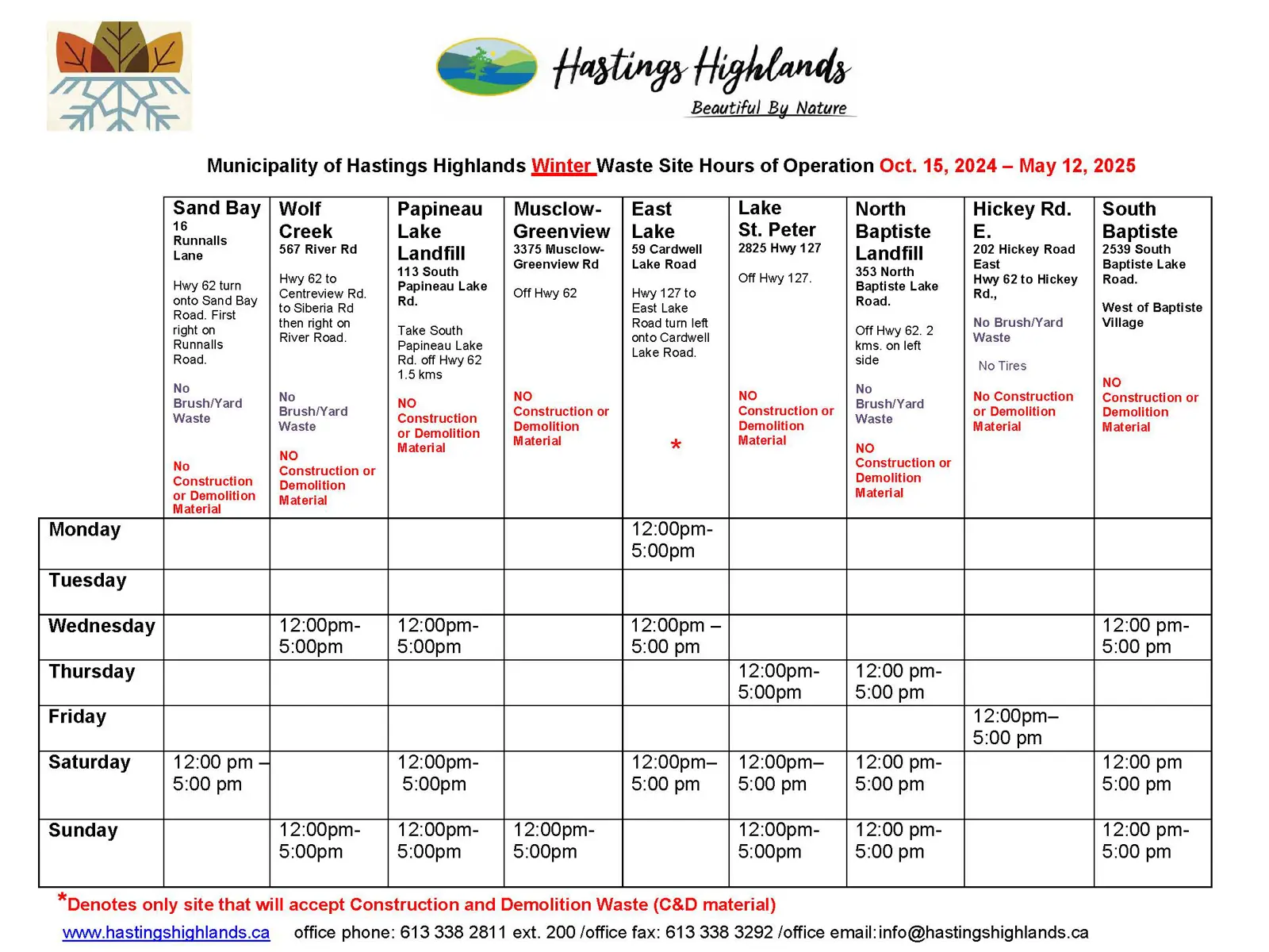 Waste Site Locations and Hours | Municipality of Hastings Highlands